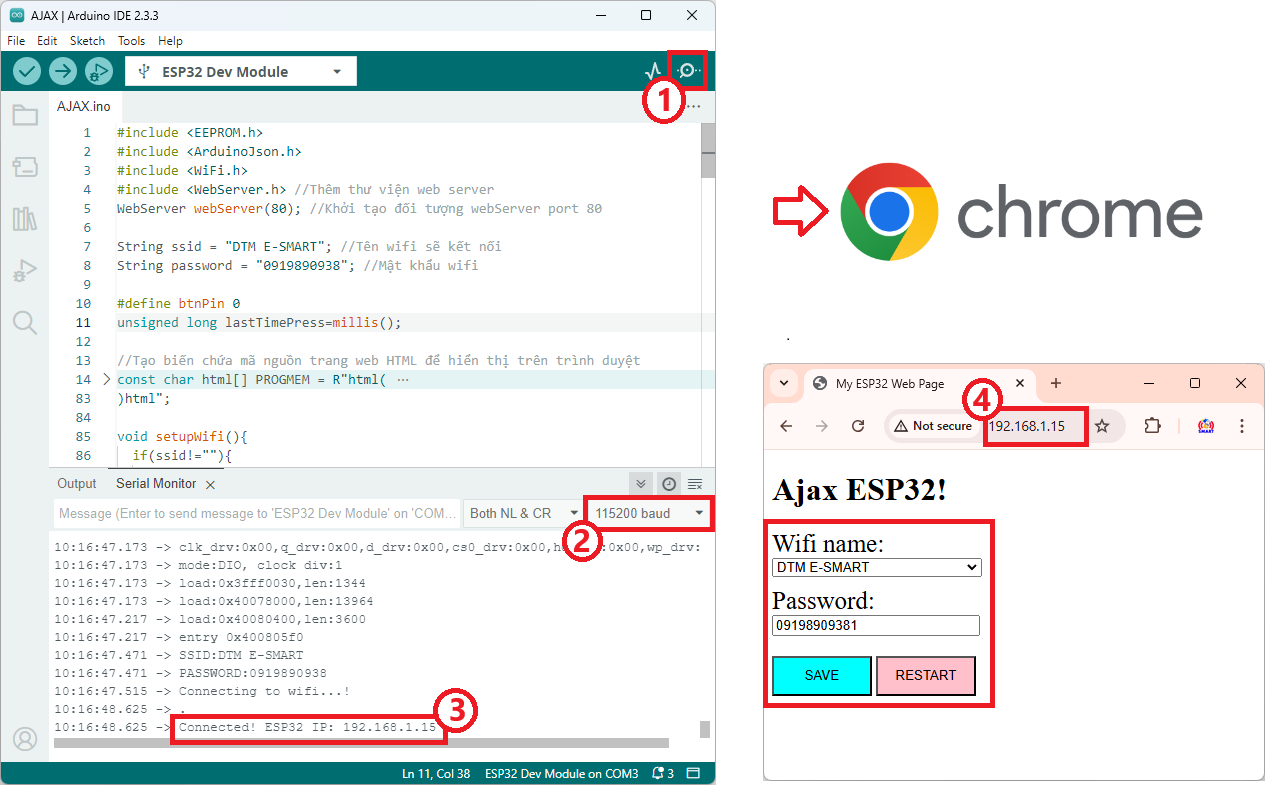 Thiết lập chức năng thu phát wifi và web server trên ESP32
